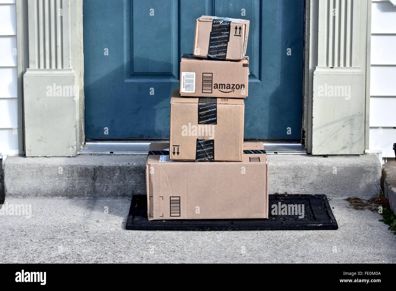 Amazon Prime boxes delivered to a home Stock Photo - Alamy