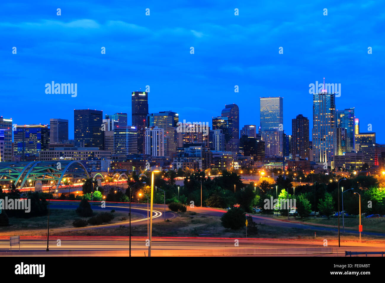 Skyline of Denver at night in Colorado, USA. Denver is the most ...