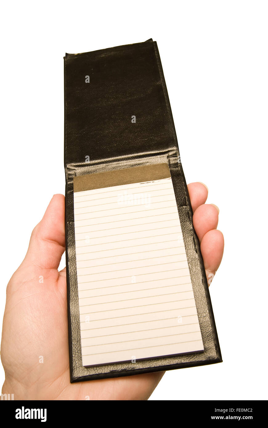 Hand With Small Blank Old Notepad Stock Photo - Alamy
