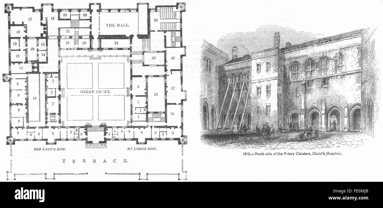 SUSSEX: Buckhurst House plan; Priory, Christs Hosp'l, antique print ...
