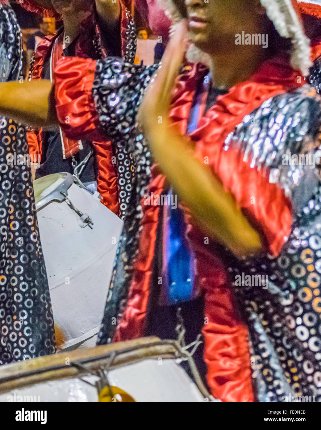 MONTEVIDEO, URUGUAY, JANUARY - 2016 - Costumed men drummers playing ...