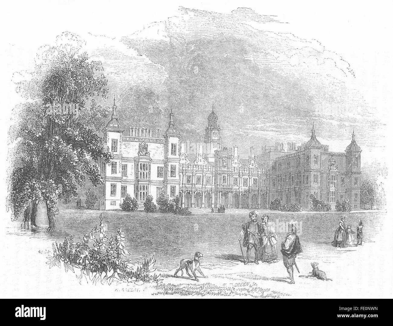 HERTS: Hatfield House, antique print 1845 Stock Photo - Alamy