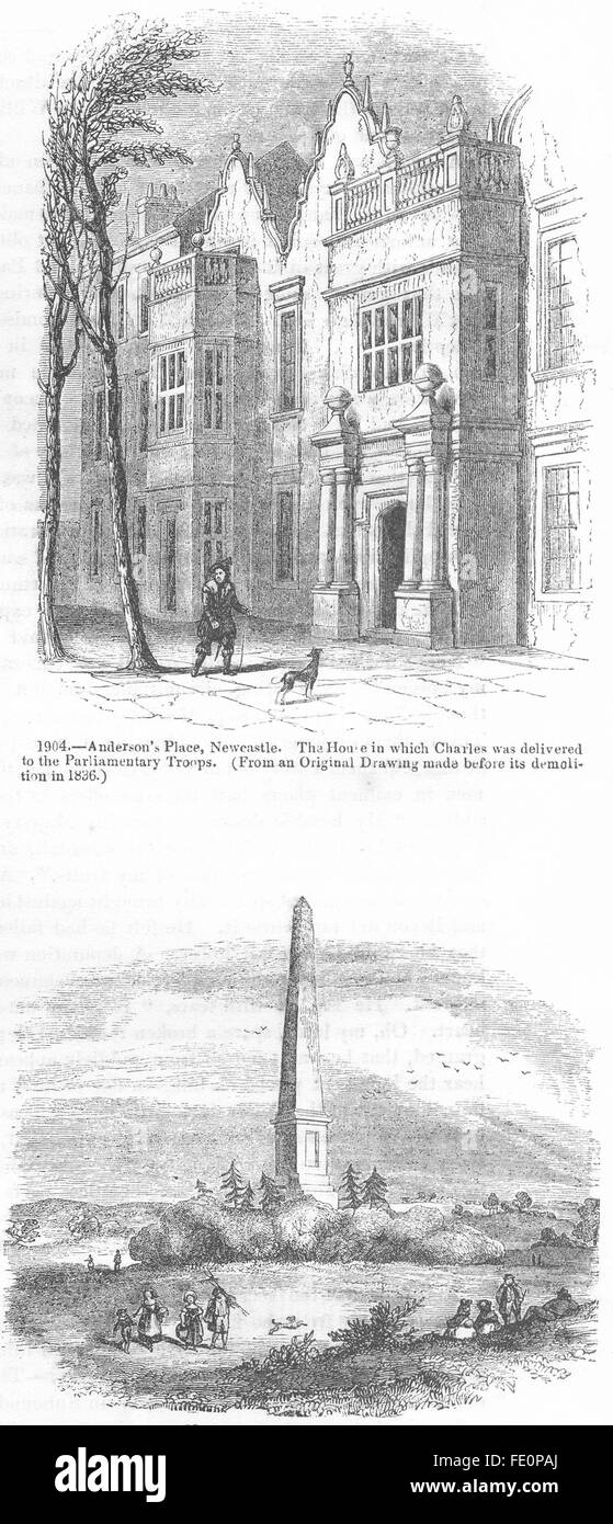 NEWCASTLE: Anderson's Place; Naseby Field Obelisk, antique print 1845 ...