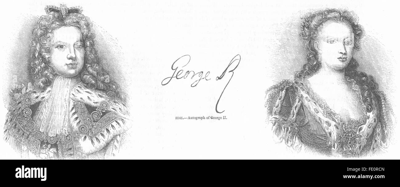 KINGS: George II, Autograph; Queen Caroline, antique print 1845 Stock ...