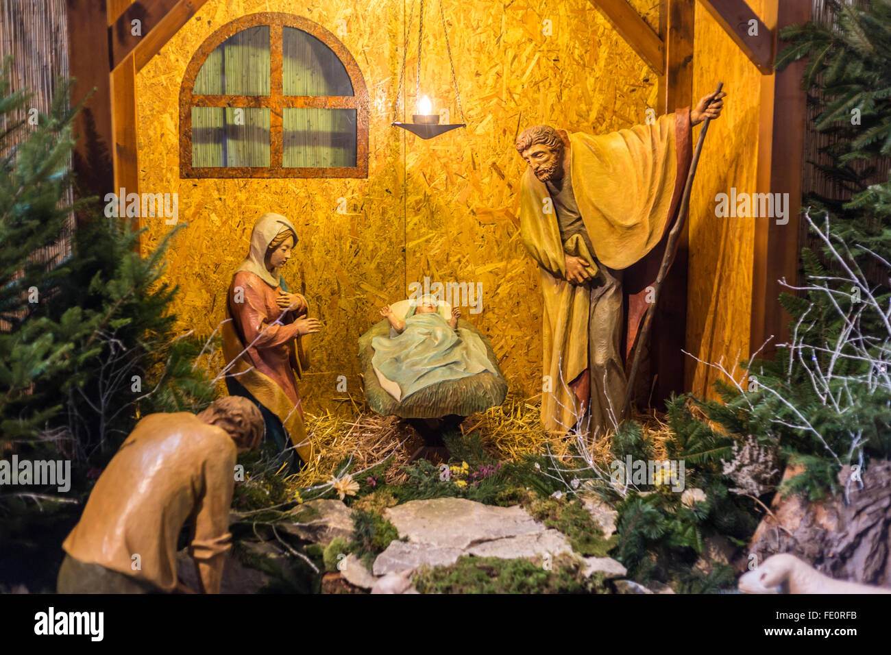 Scene of Jesus Christ beeing born recreated with plastic figures Stock ...