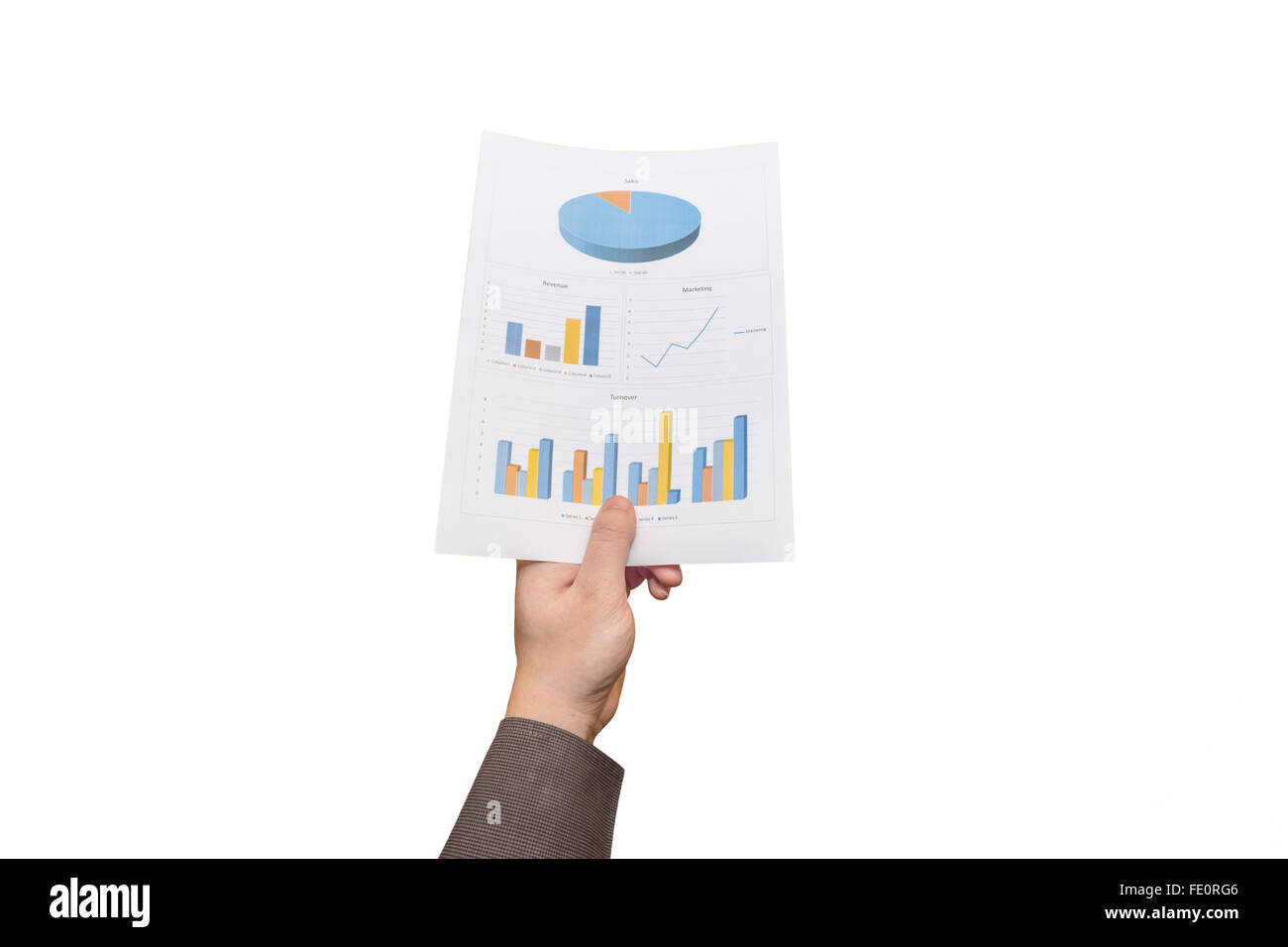 Human hand holding a sheet of paper with graphs on it isolated on white ...