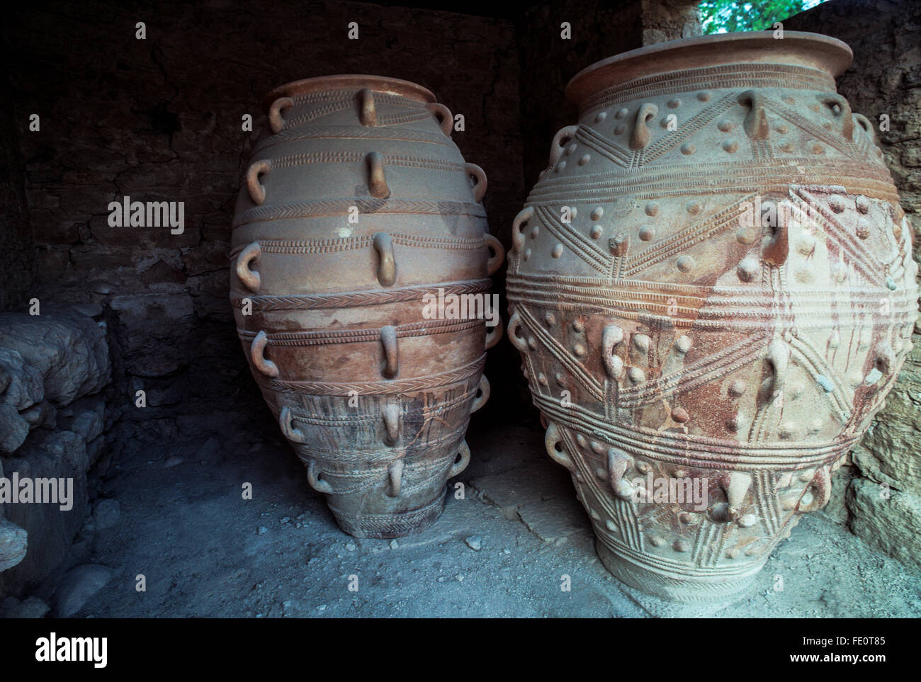 Ornate storage jars ("pithoi") in the ancient Minoan palace of Knossos ...