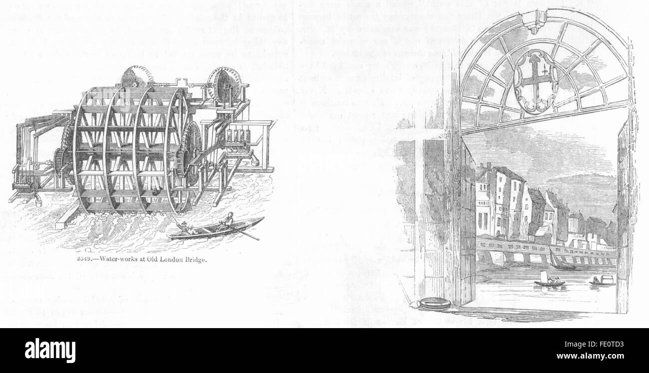 OLD LONDON BRIDGE: Water-works, houses, antique print 1845 Stock Photo ...