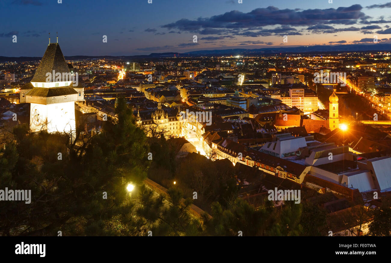Graz city night top view with illuminated buildings (Austria Stock ...