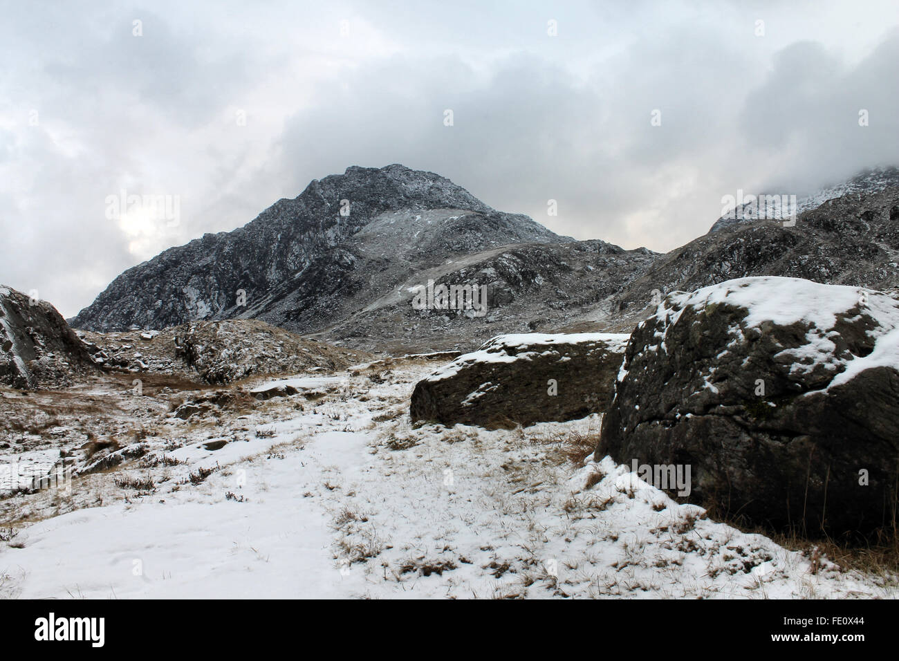Winter snowfall at Tryfan mountain Snowdonia National Park Wales Stock ...
