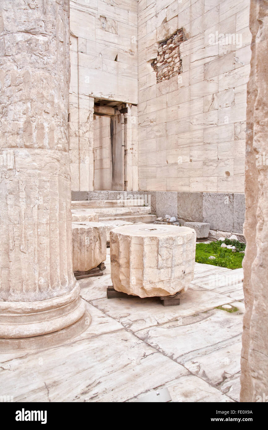 Marble remains of walls and columns located in the Acropolis of Athens ...