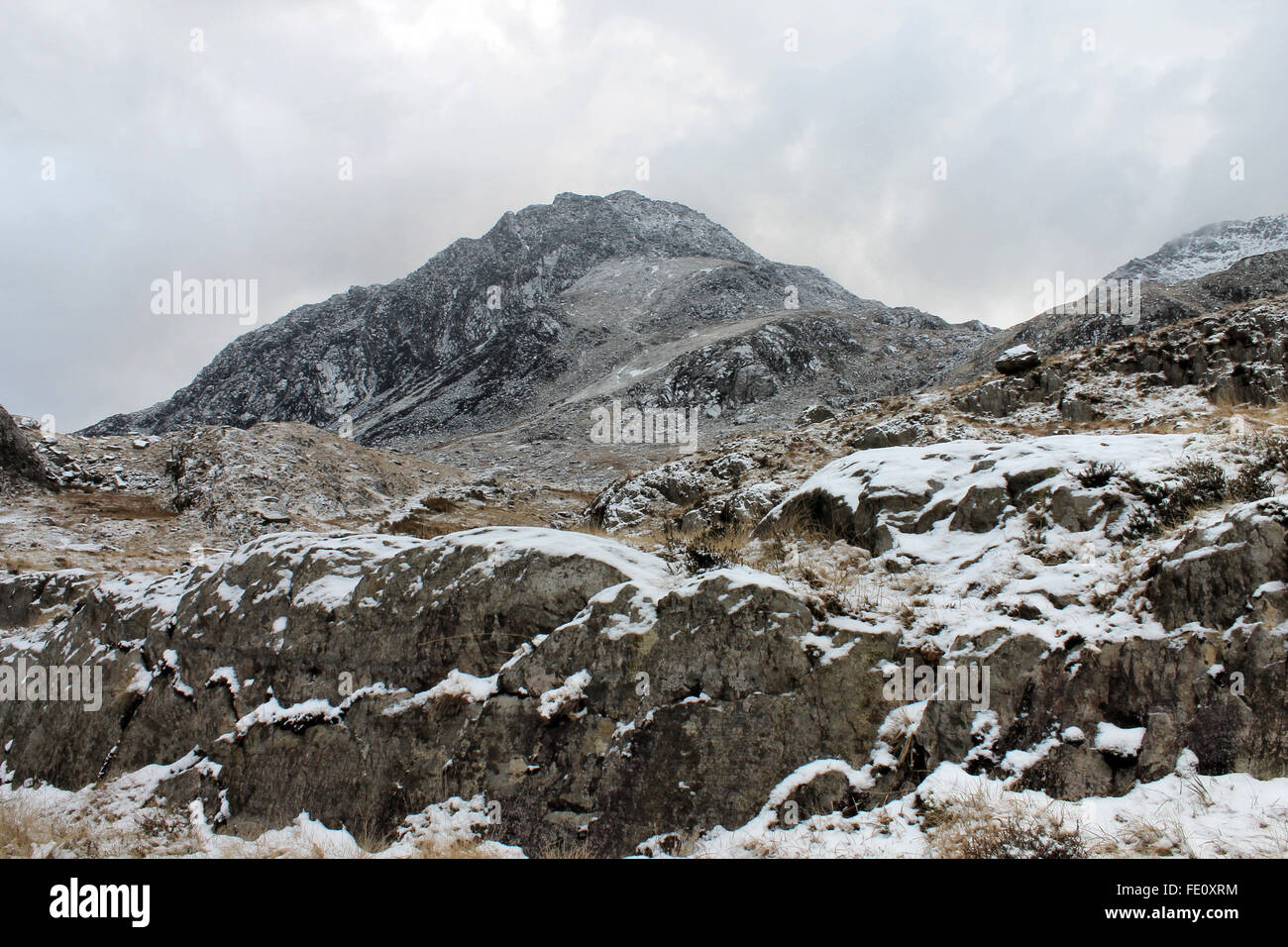 Winter snowfall at Tryfan mountain Snowdonia National Park Wales Stock ...