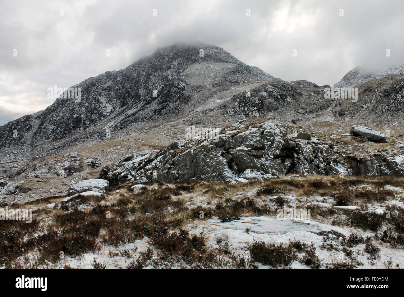 Winter snowfall at Tryfan mountain Snowdonia National Park Wales Stock ...