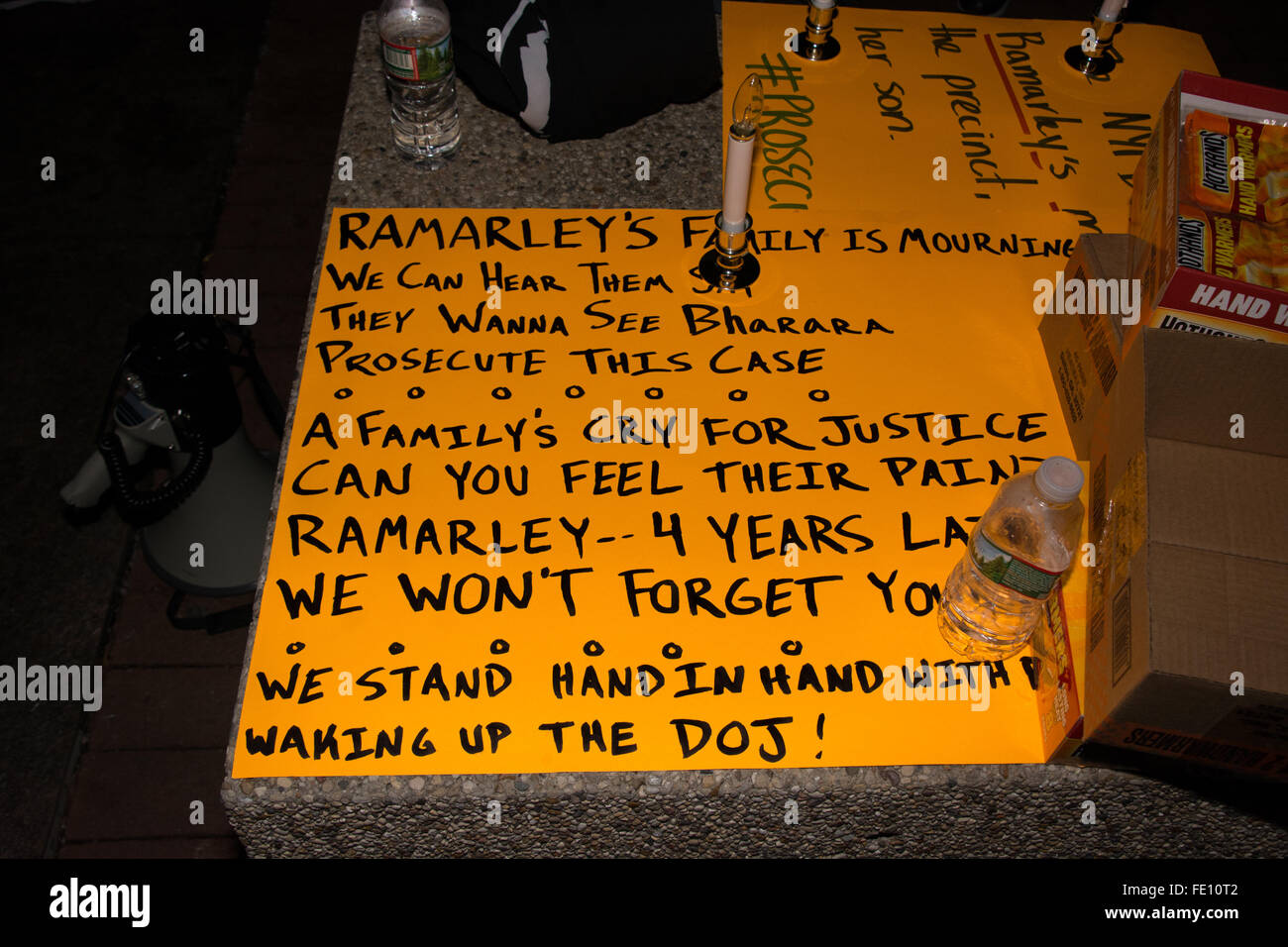 New York, USA. 02nd Feb, 2016. A sign laments the death of Ramarley ...
