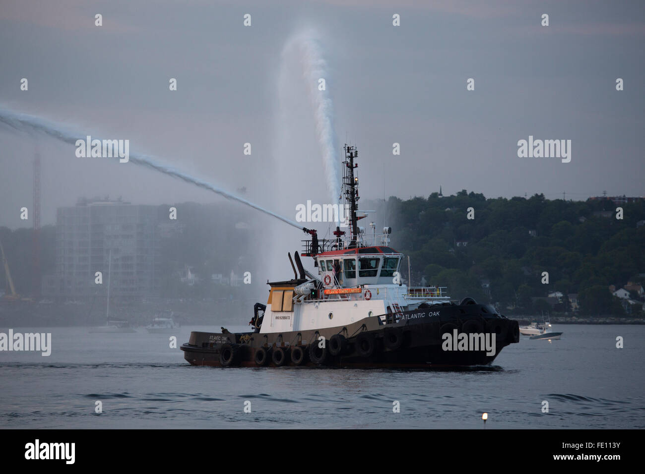 The Atlantic Oak tug boat shoots hoses into the air as the Queen Mary 2 ...