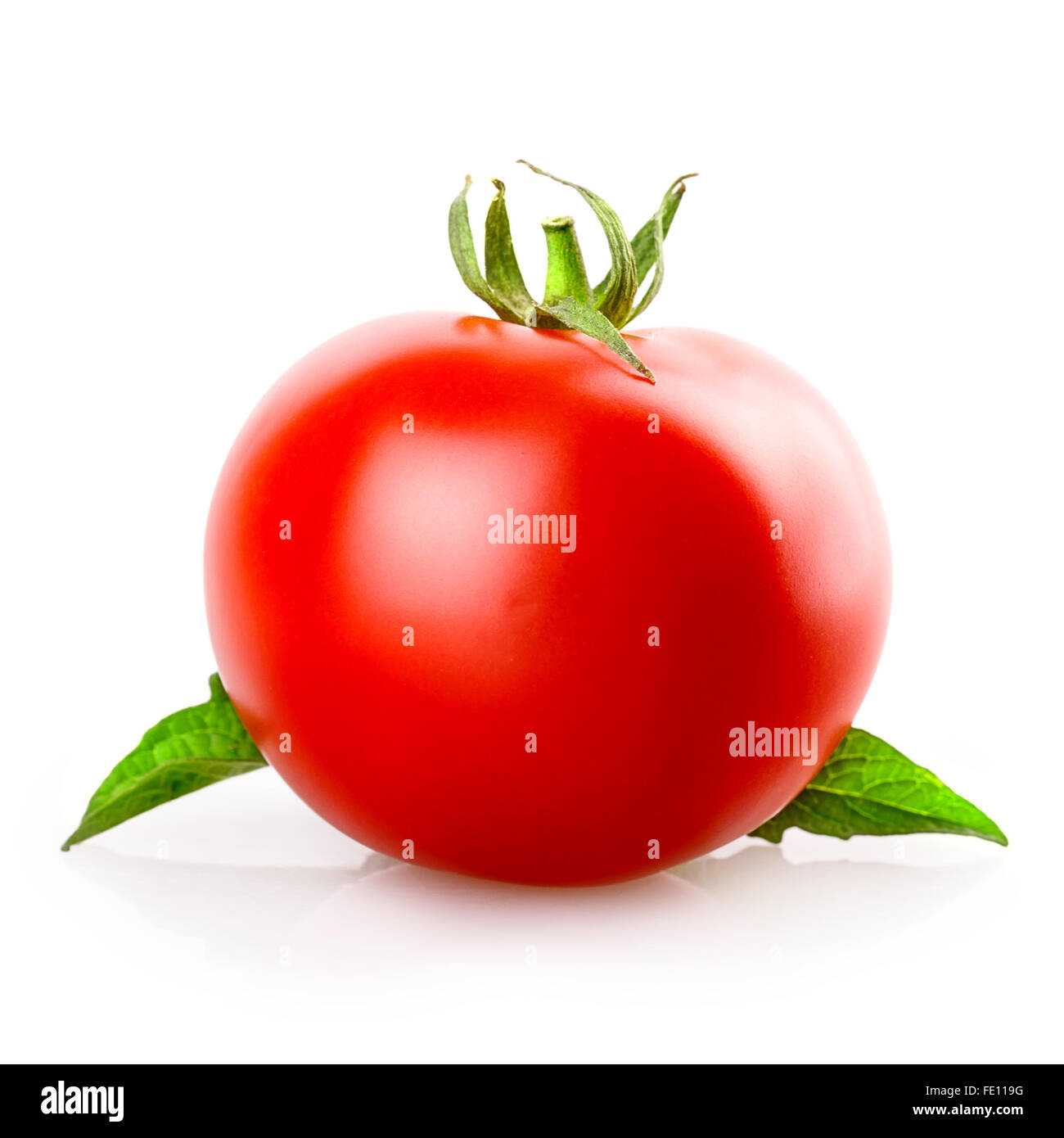 one red tomato with green leaf Isolated on white background Stock Photo ...