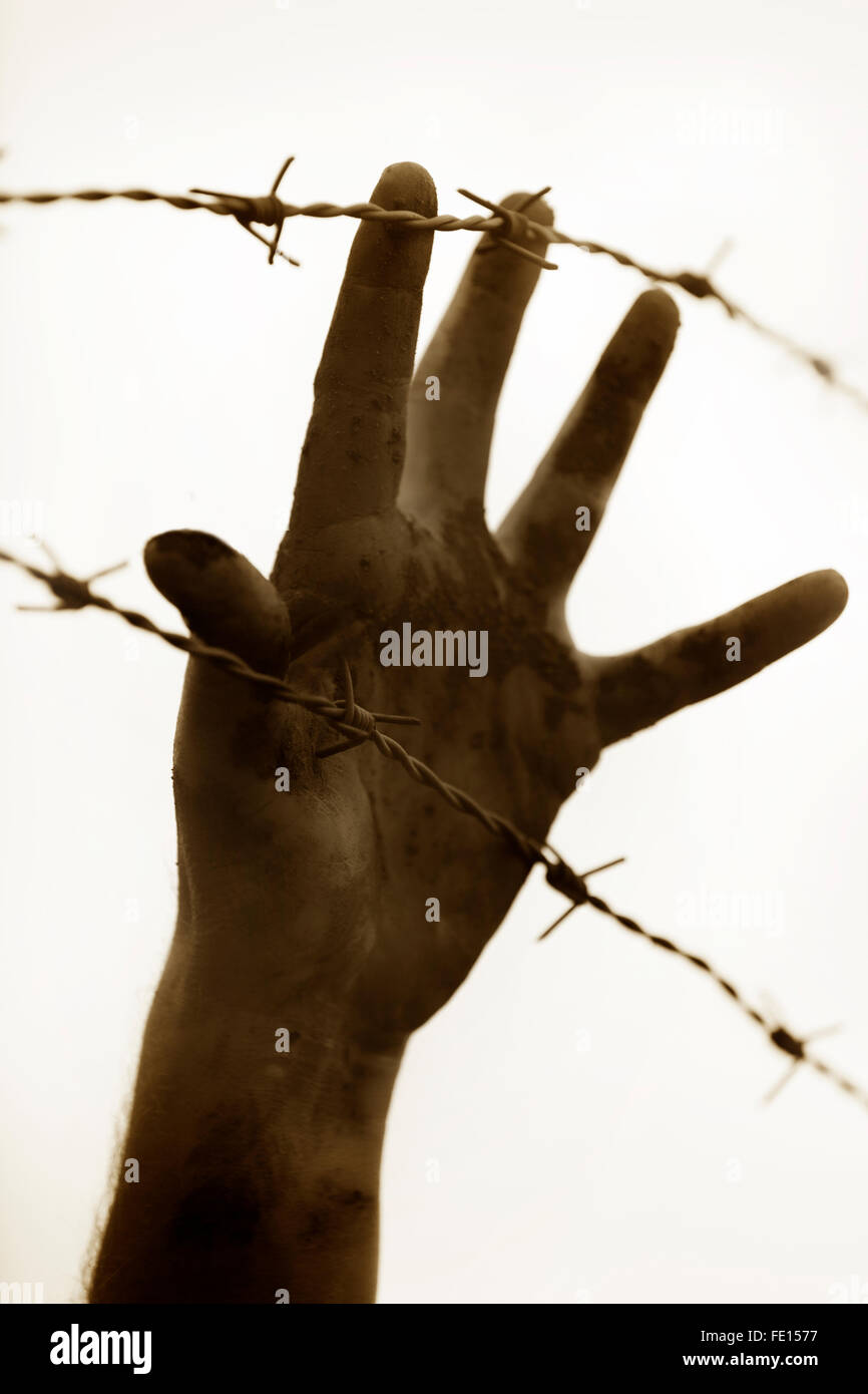 Refugee men and fence Stock Photo - Alamy