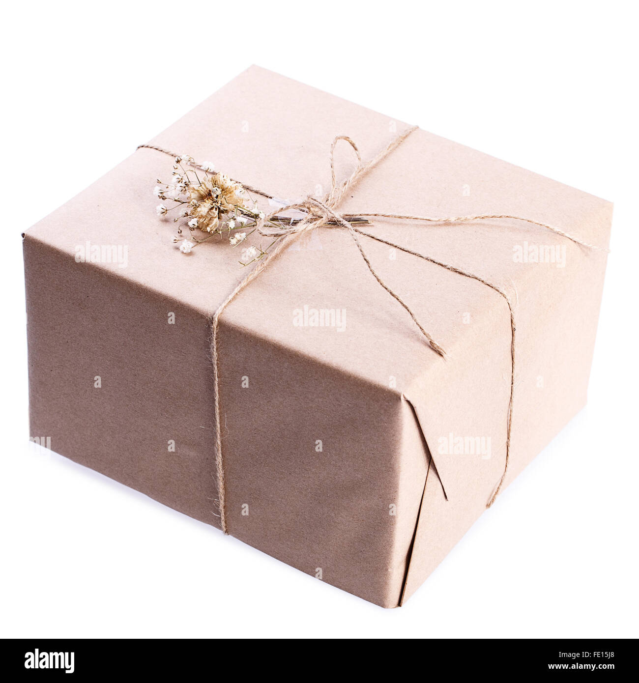 kraft paper gift box ribbon bow Isolated on white background Stock ...