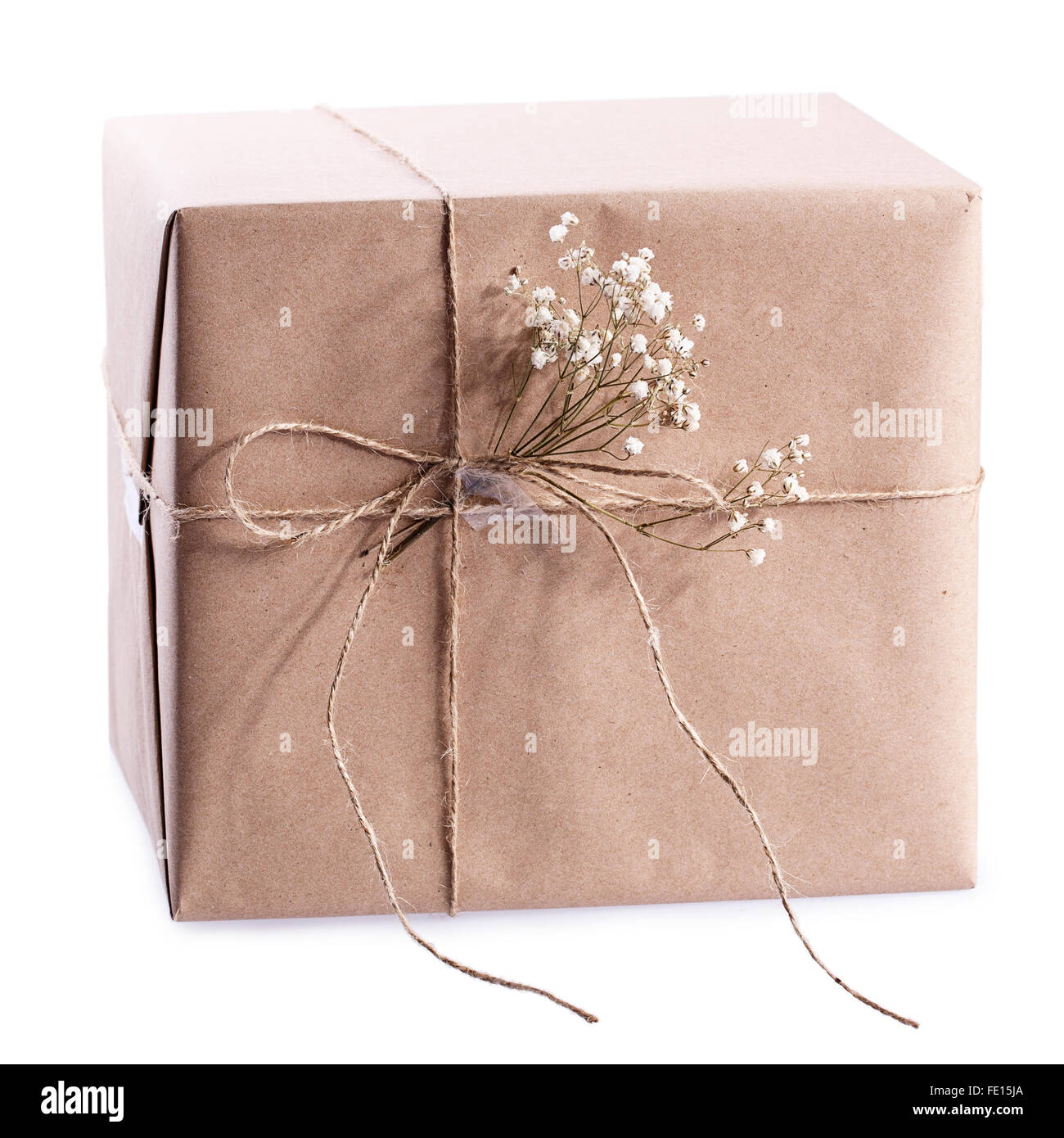 kraft paper gift box ribbon bow Isolated on white background Stock ...