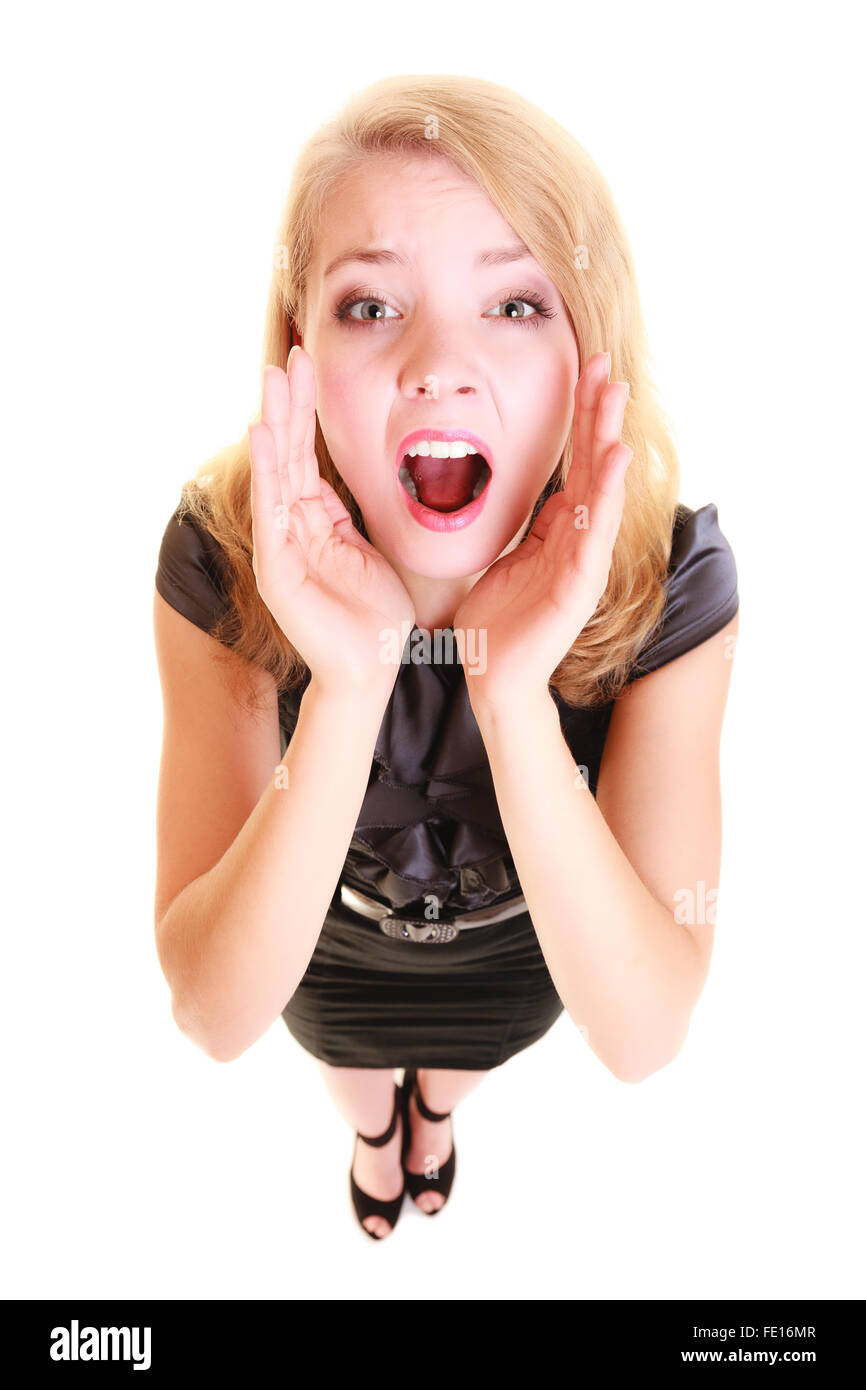 young woman blonde buisnesswoman in black dress shouting screaming ...