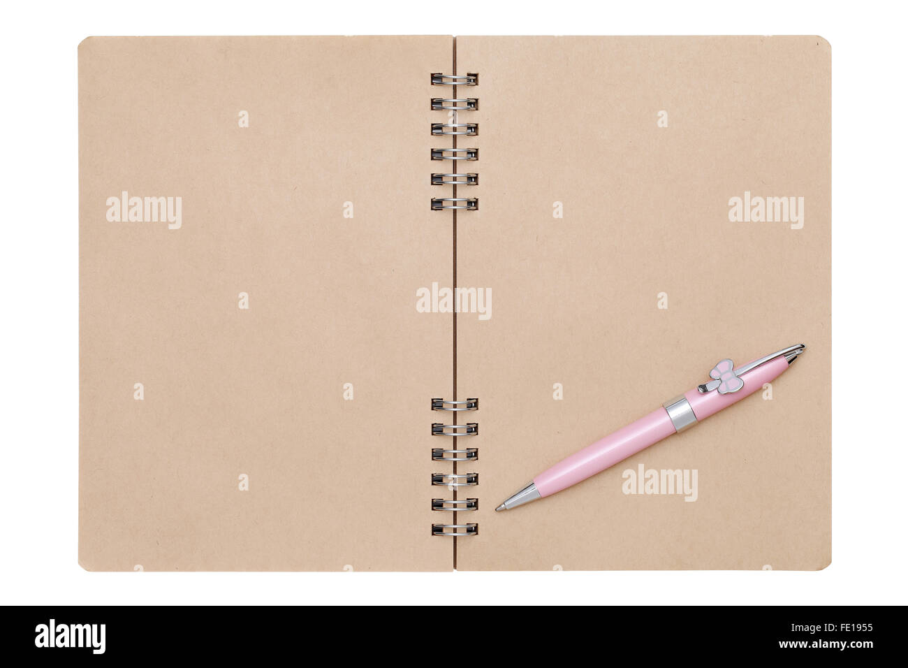blank spiral brown notebook with ball point pen isolated on white ...