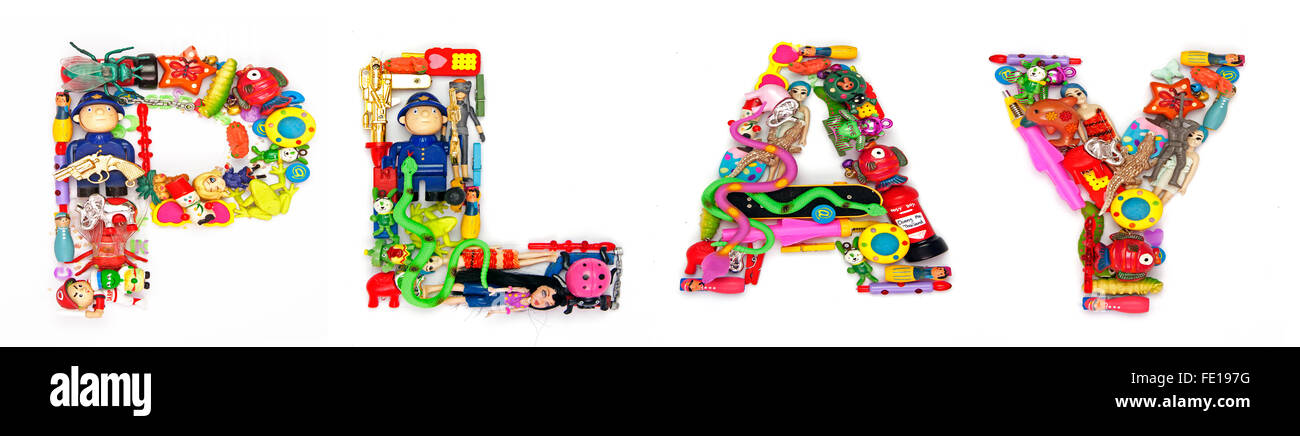 the word PLAY made from a lot of small toys Stock Photo - Alamy