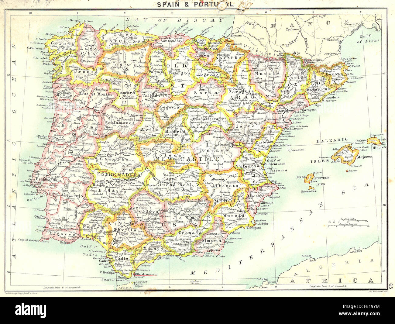 SPAIN: & Portugal, 1900 antique map Stock Photo - Alamy