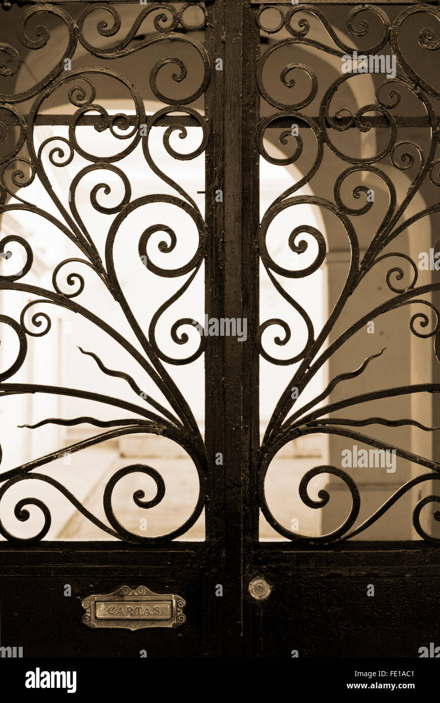 Architectural detail of Spanish colonial style entryway with ornate ...