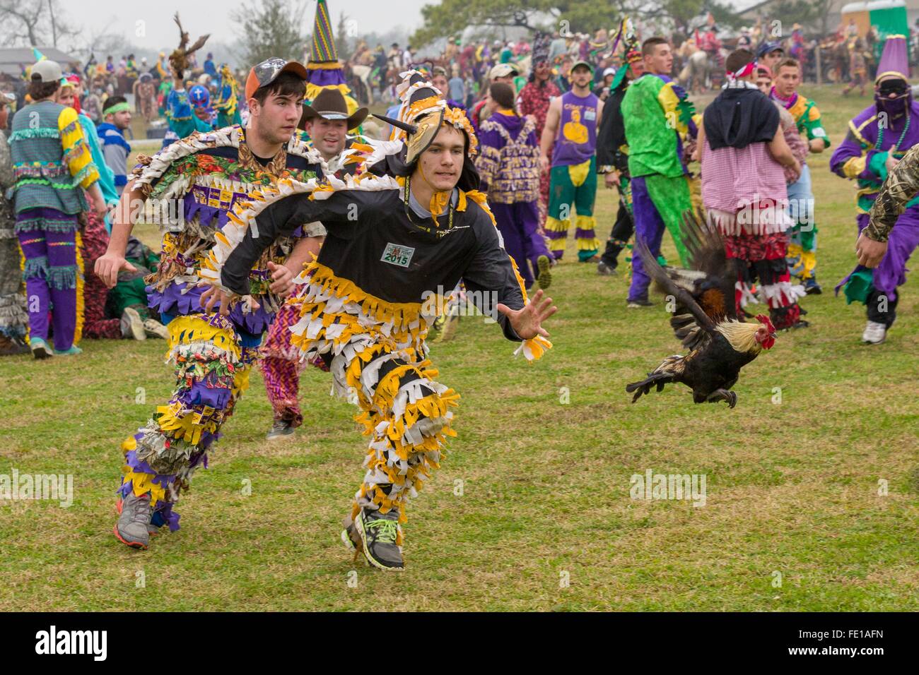Revelers try to grab a live chicken during the traditional Cajun Courir ...