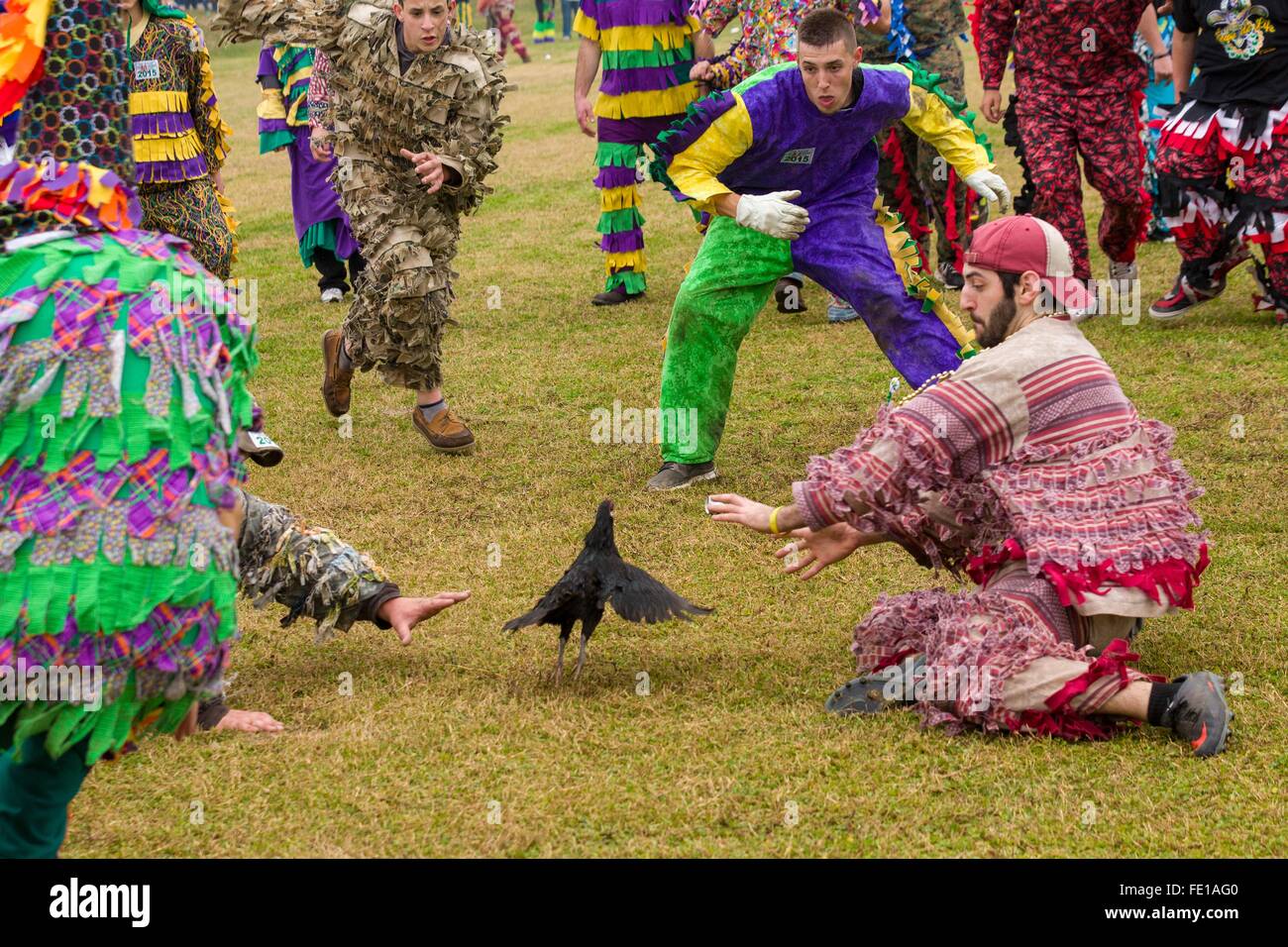 Revelers try to grab a live chicken during the traditional Cajun Courir ...