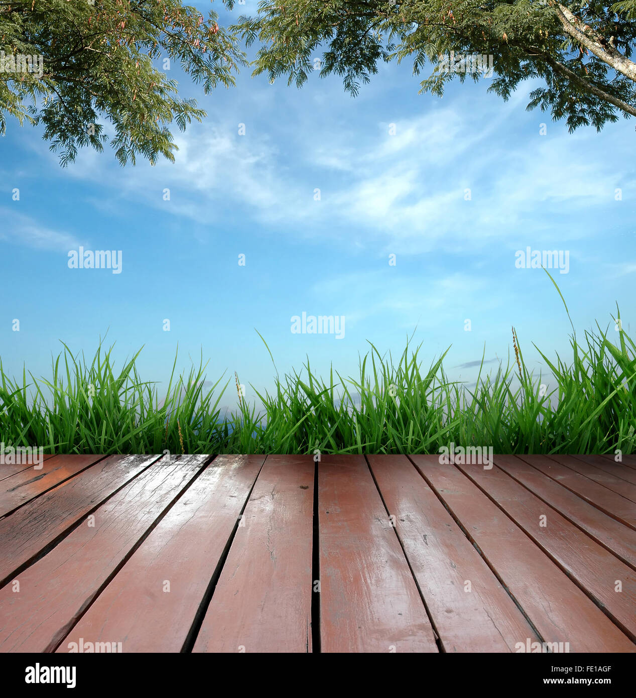 wooden terrace and blue sky Stock Photo - Alamy