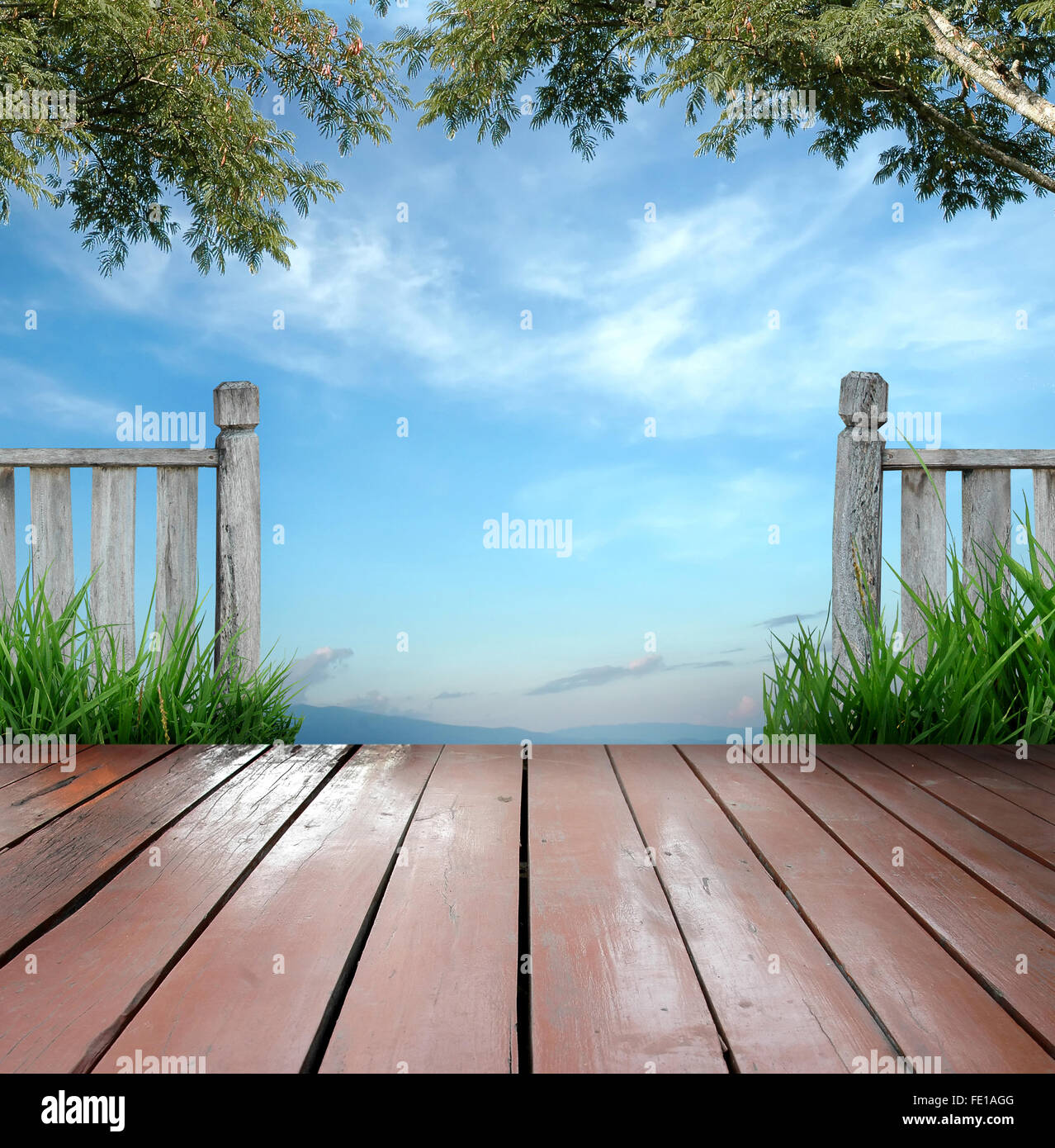 wooden terrace and blue sky Stock Photo - Alamy