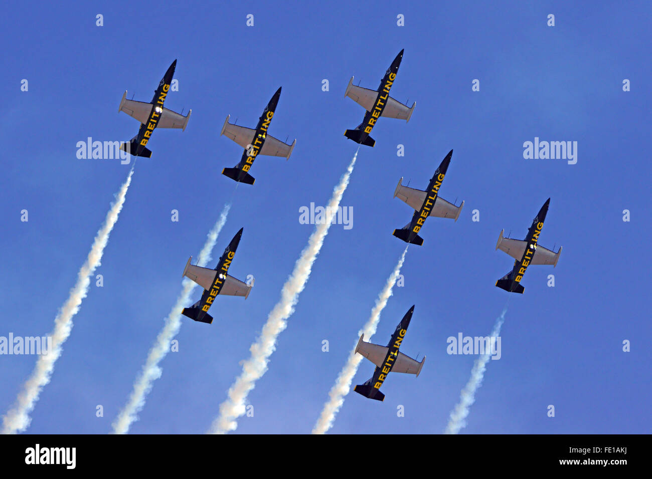 Jet acrobatic Breitling Swiss flight team performing at 2015 Miramar ...