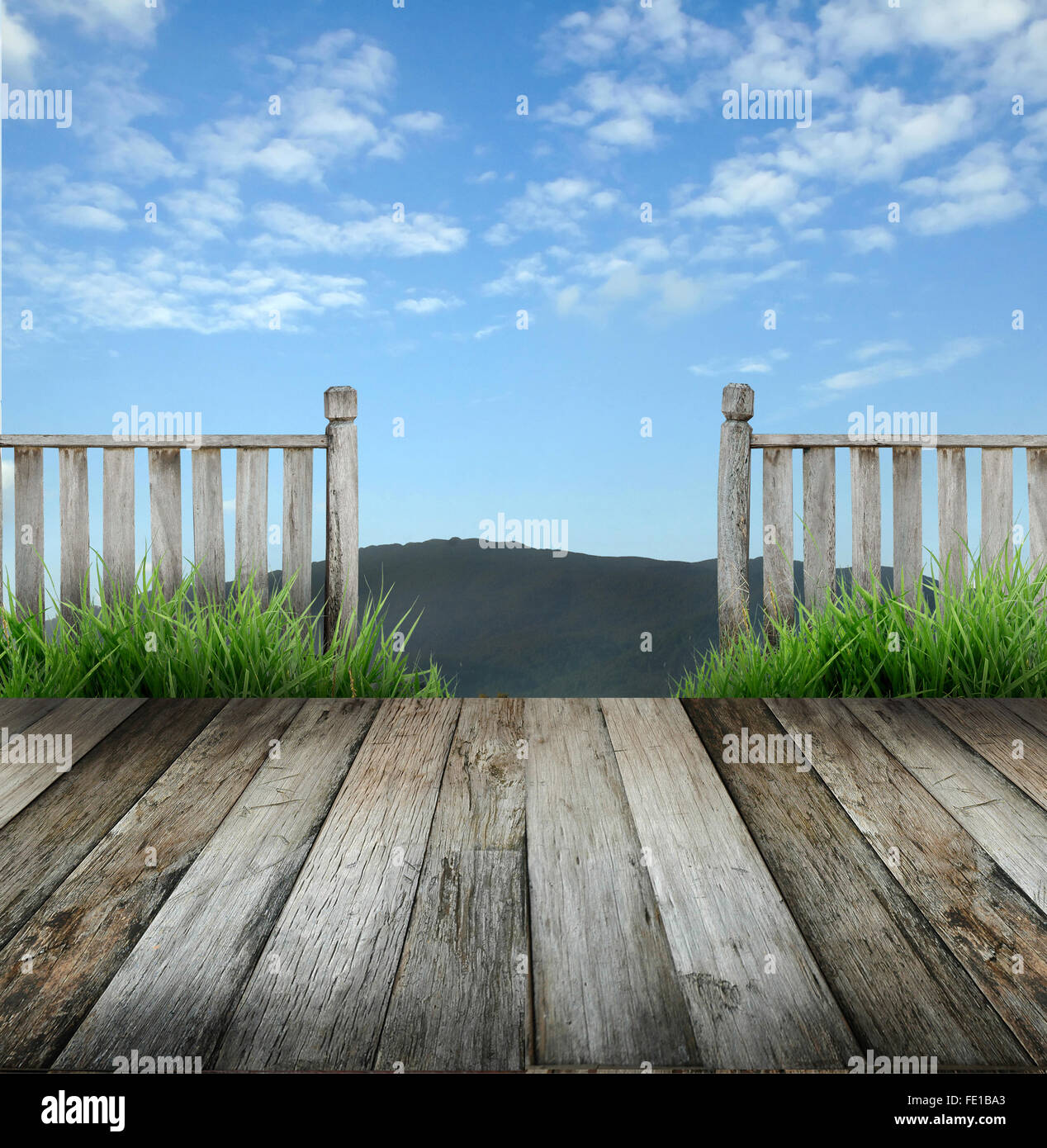 old wooden terrace and blue sky Stock Photo - Alamy