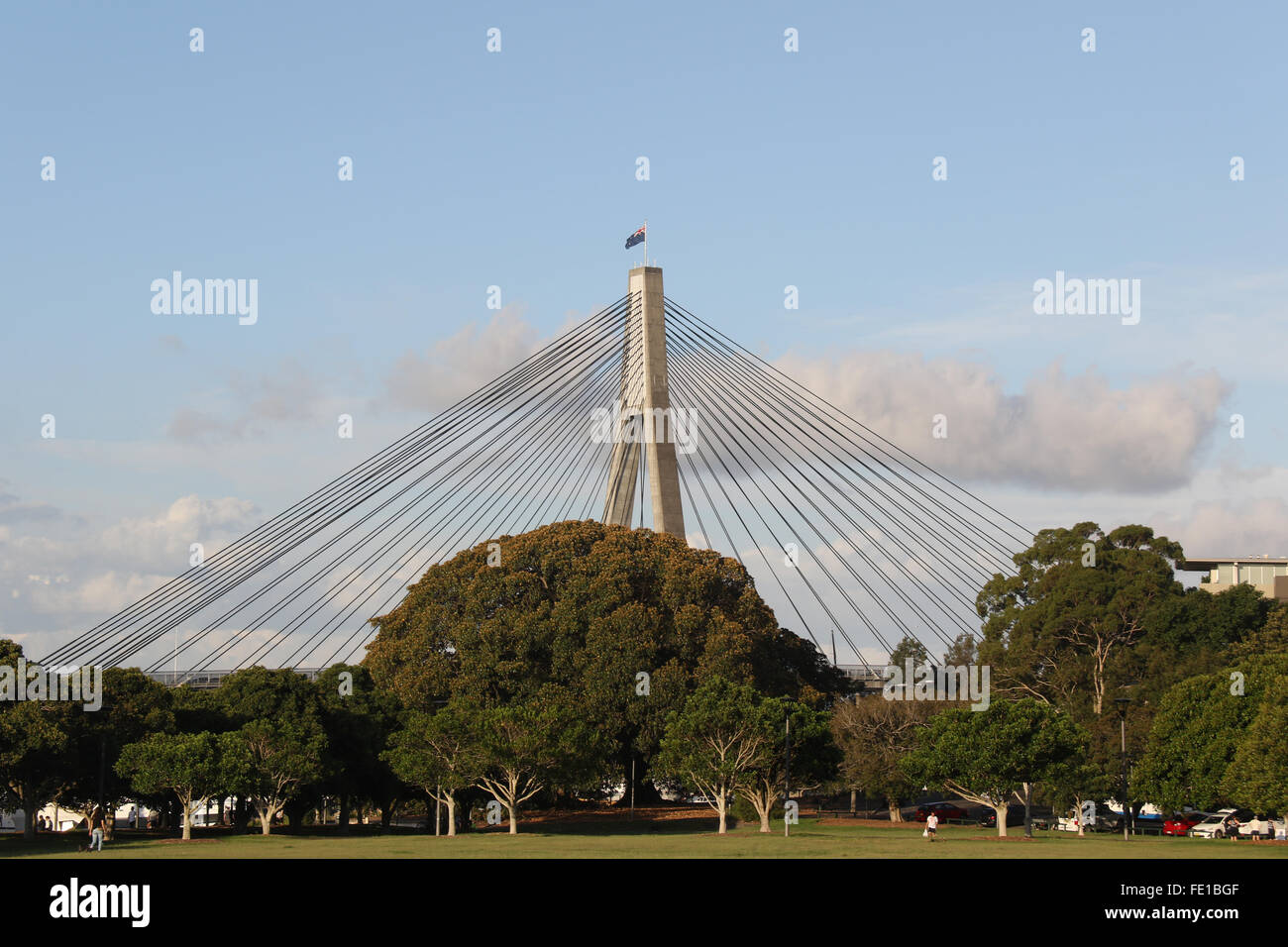 The Australian flag flies over the ANZAC Bridge viewed from ...