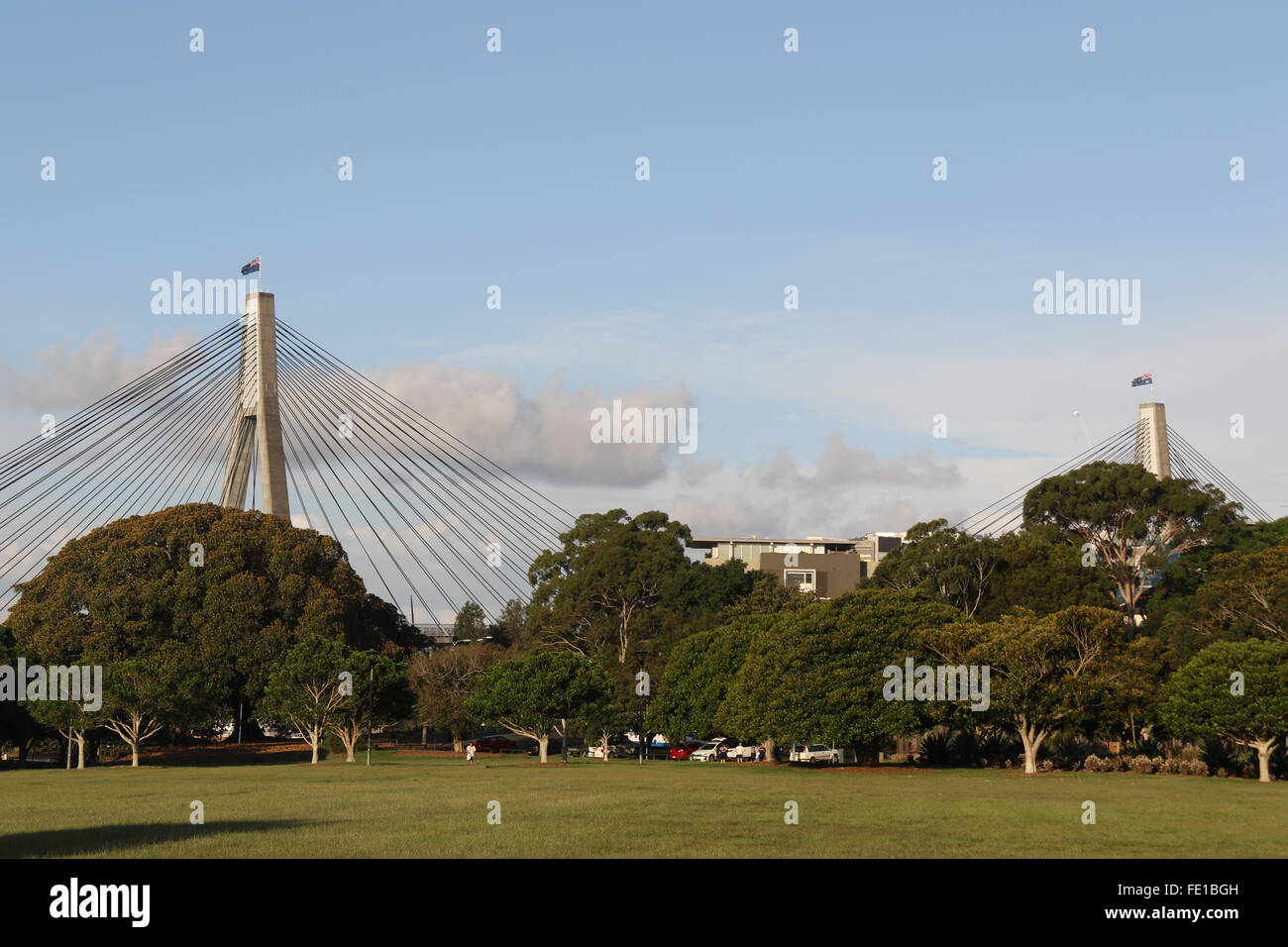 The Australian flag flies over the ANZAC Bridge viewed from ...