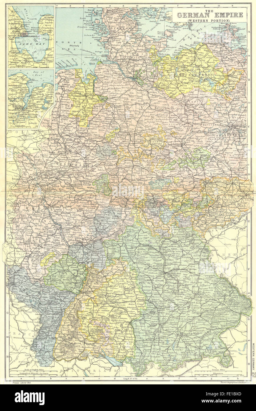 German Empire west: Jade Bay; Kiel; Wilhelmshaven, 1905 antique map ...