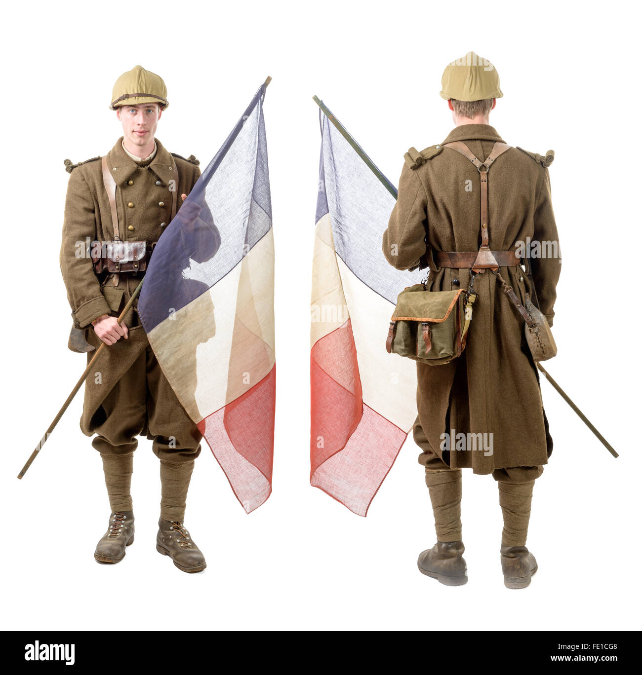 a 40s french soldier with a flag, back and front view, isolated on a ...