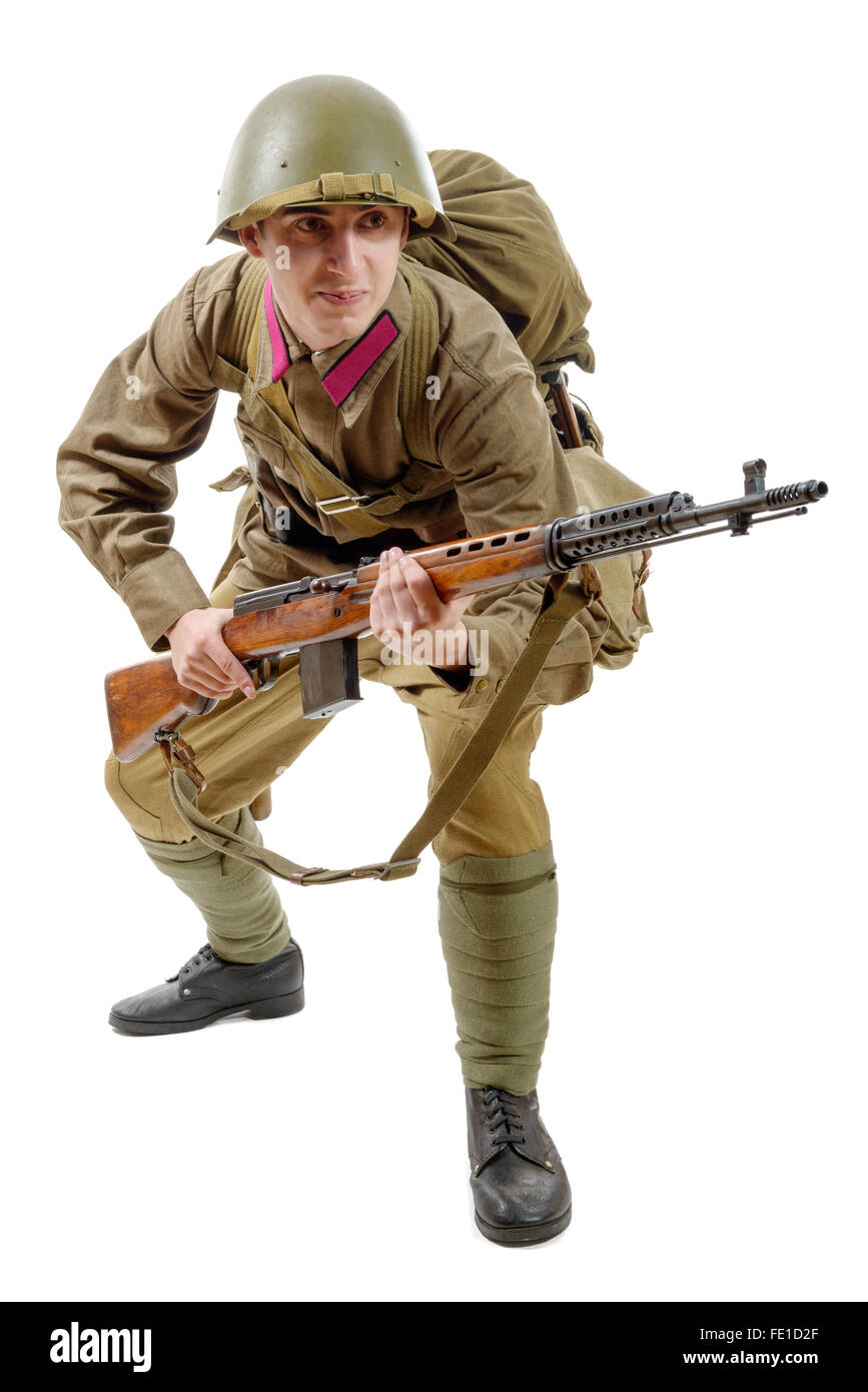 a young Soviet soldier with SVT rifle on the white background Stock ...