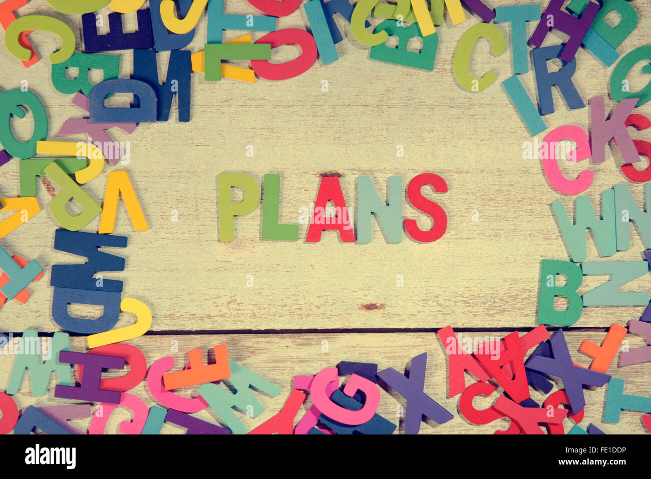 plans word block concept photo on plank wood Stock Photo - Alamy