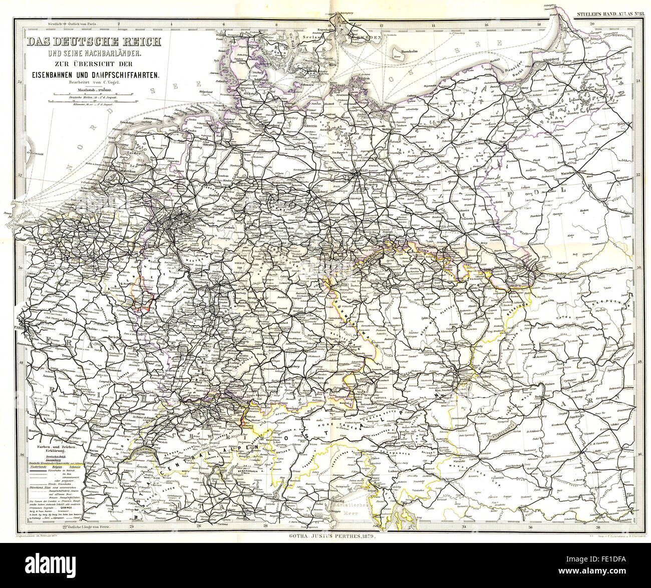 CENTRAL EUROPE GERMANY: Eisenbahnen Railways, 1879 antique map Stock ...