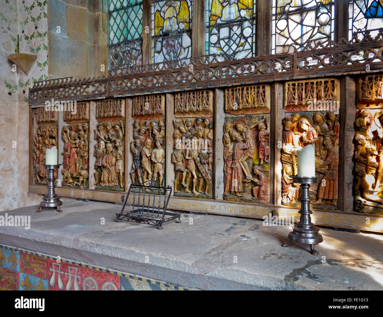 Medieval carved wooden altar piece depicting the crucifixion of Jesus ...