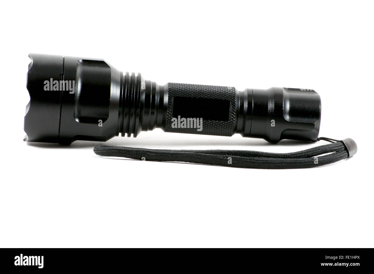 Isolated black flashlight side view with cord over white Stock Photo ...