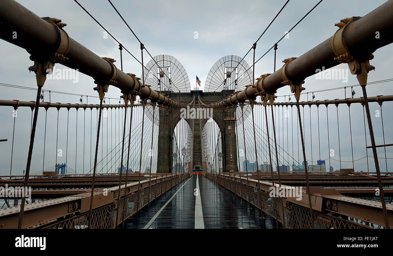 Brooklyn Bridge closeup over Hudson River in New York City Stock Photo ...
