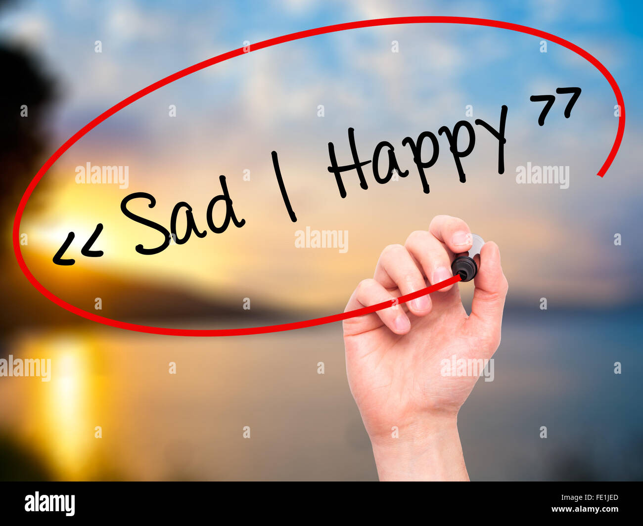 Man Hand writing Sad - Happy with black marker on visual screen ...