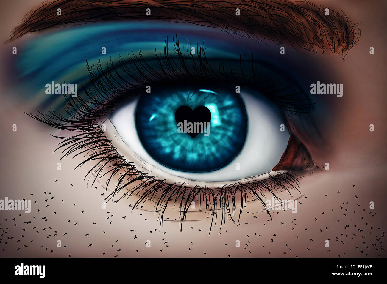 Illustration of a painted, blue woman eye with a heart-shaped pupil and ...