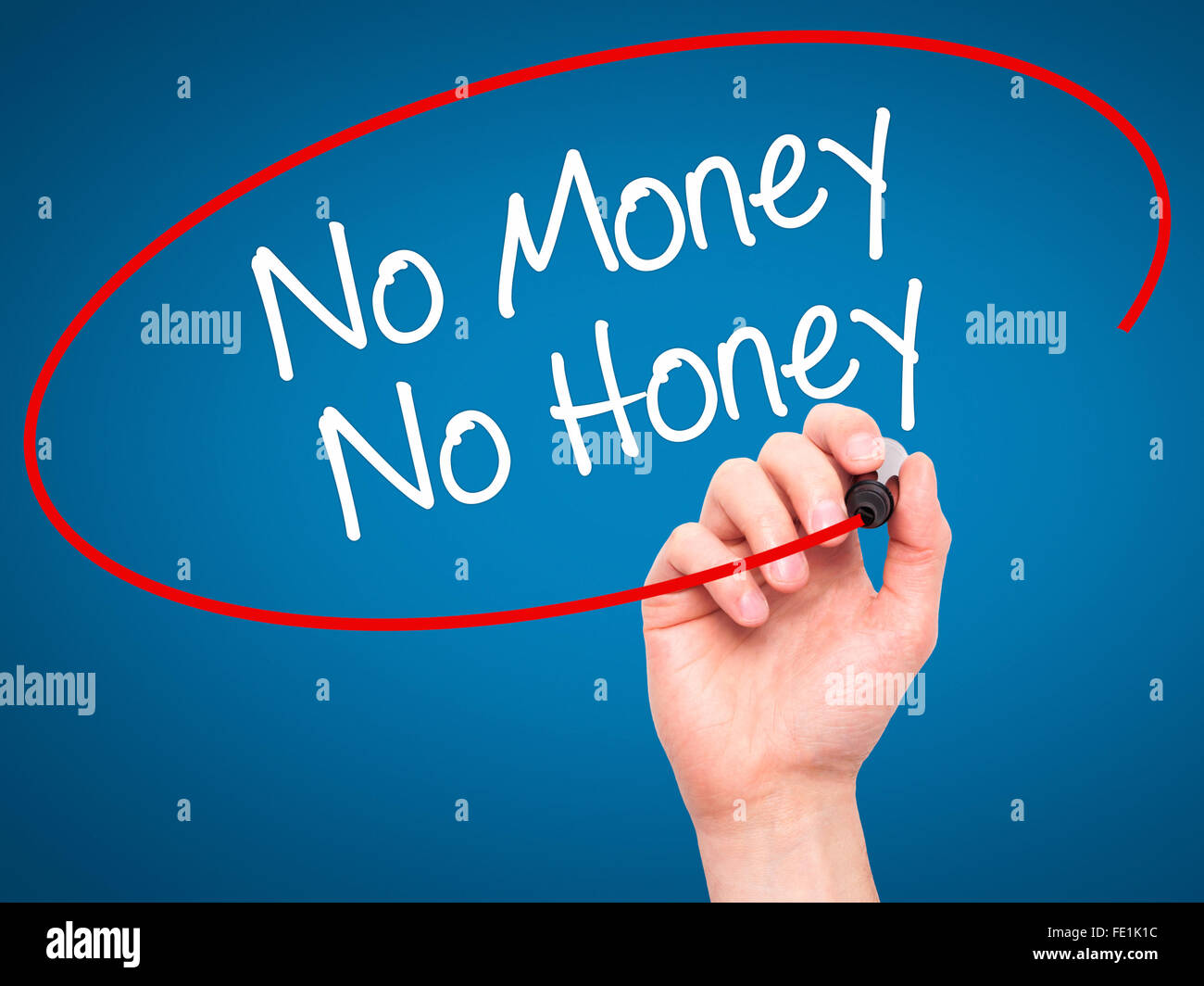 Man Hand writing No Money No Honey with black marker on visual screen ...