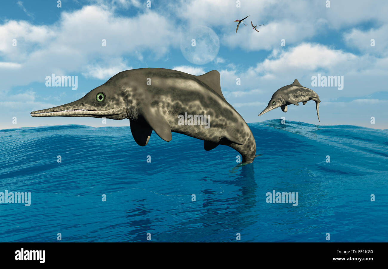 Ichthyosaurus Jumping Out Of Their Watery Home Stock Photo - Alamy