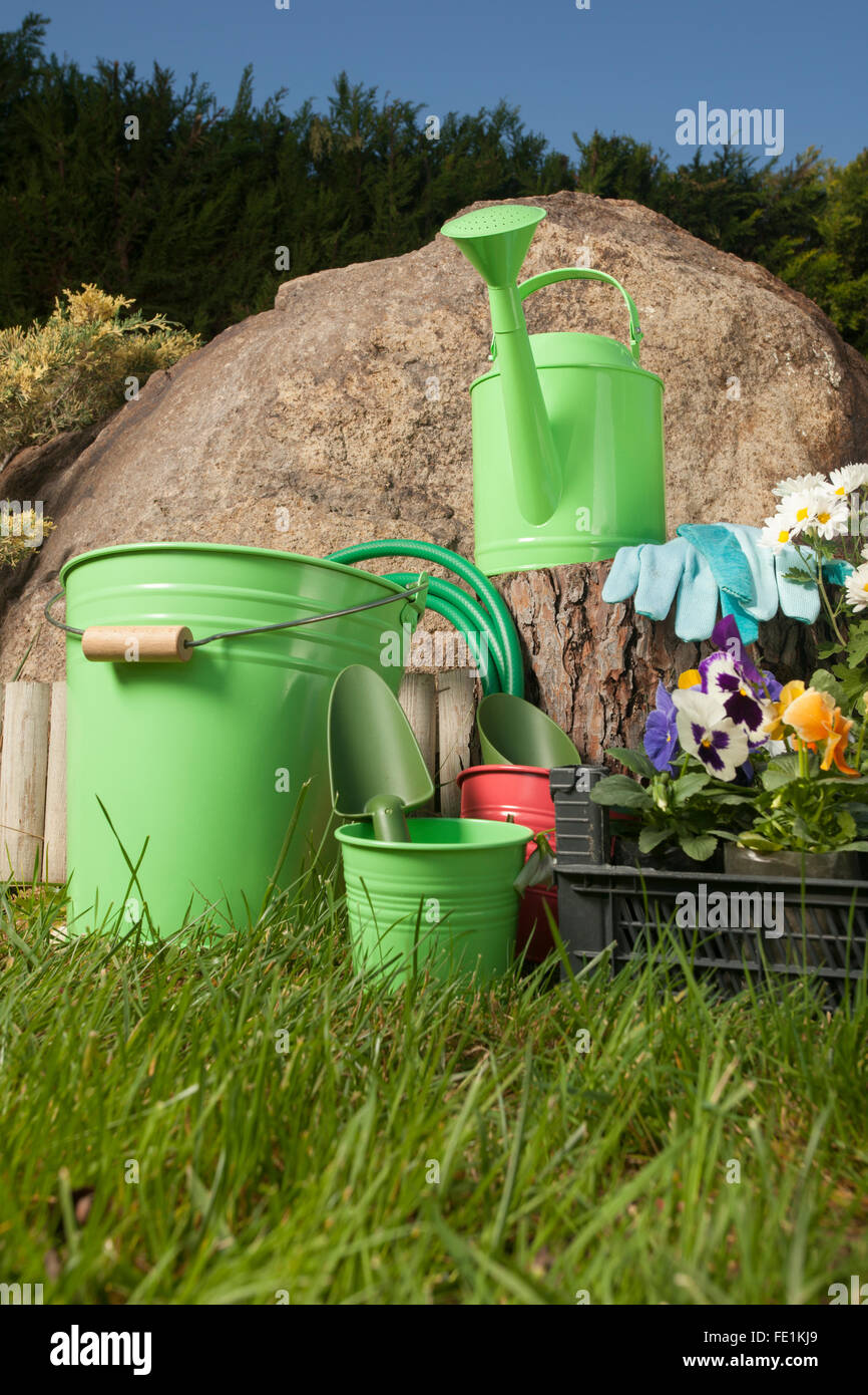 Garden tools on grass in yard Stock Photo - Alamy