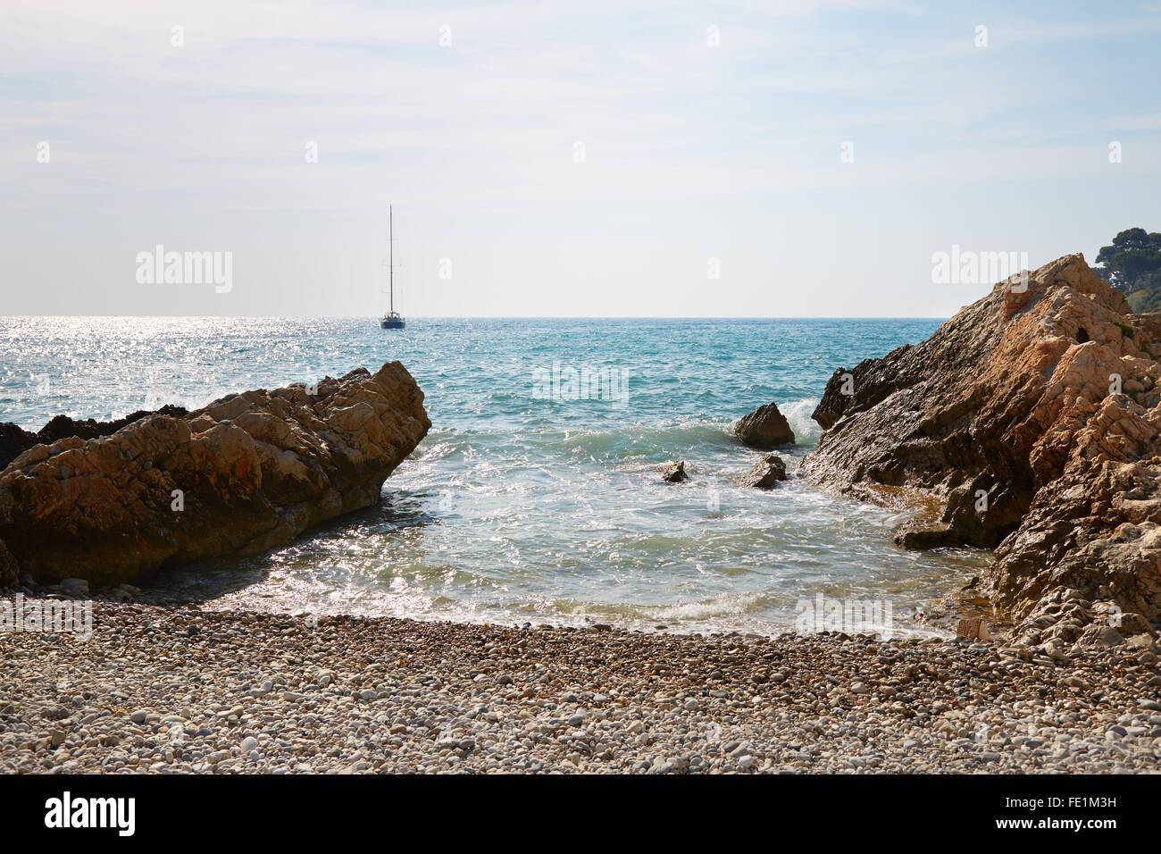 Mediterranean coast and sea with beach and rocks, French Riviera Stock ...